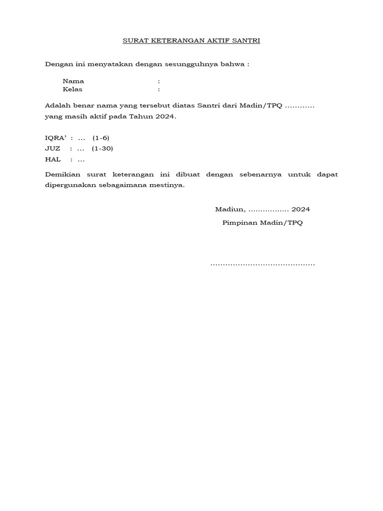 Contoh Surat Keterangan Aktif Santri | PDF