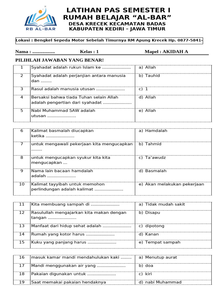 PAS Kelas 1 | PDF