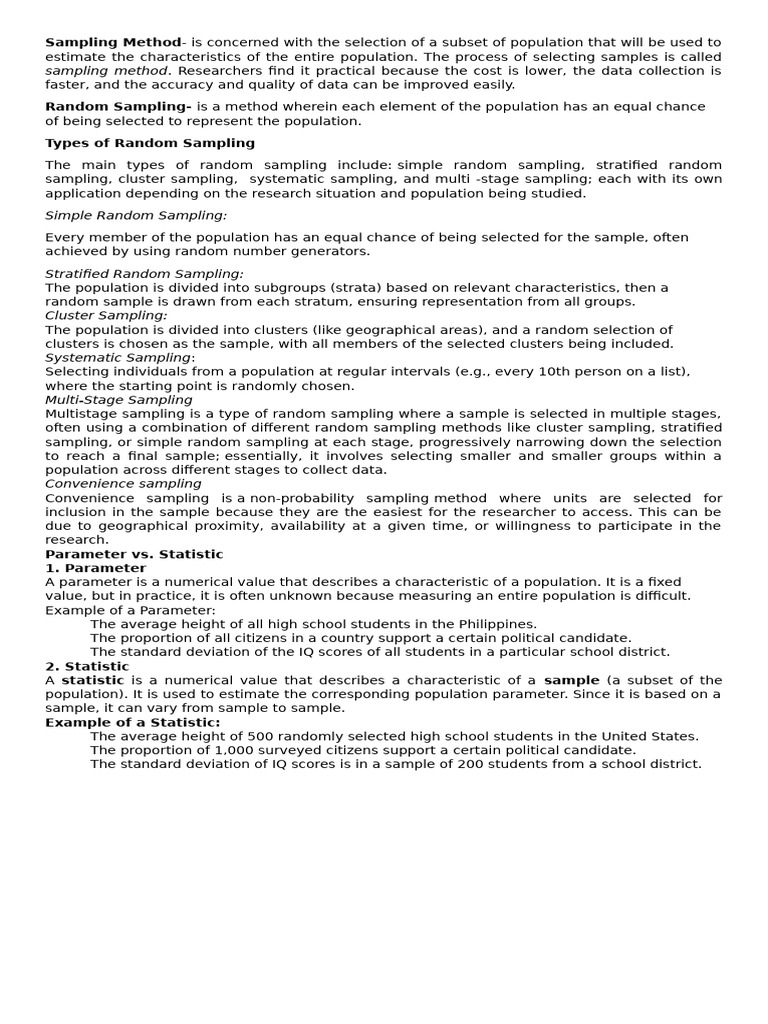 Random Sampling Parameter and Statistic | PDF | Sampling (Statistics) | Applied Mathematics
