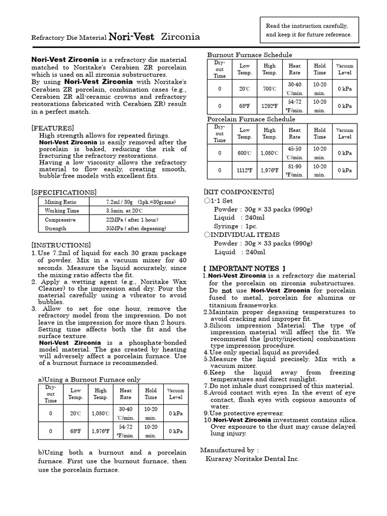 Nori-Vest Zirconia: Refractory Die Material | PDF | Refractory | Liquids