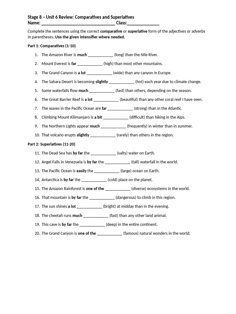 Stage8-Unit6-Review-Comparatives and superlatives | PDF | Oceans | Mountains