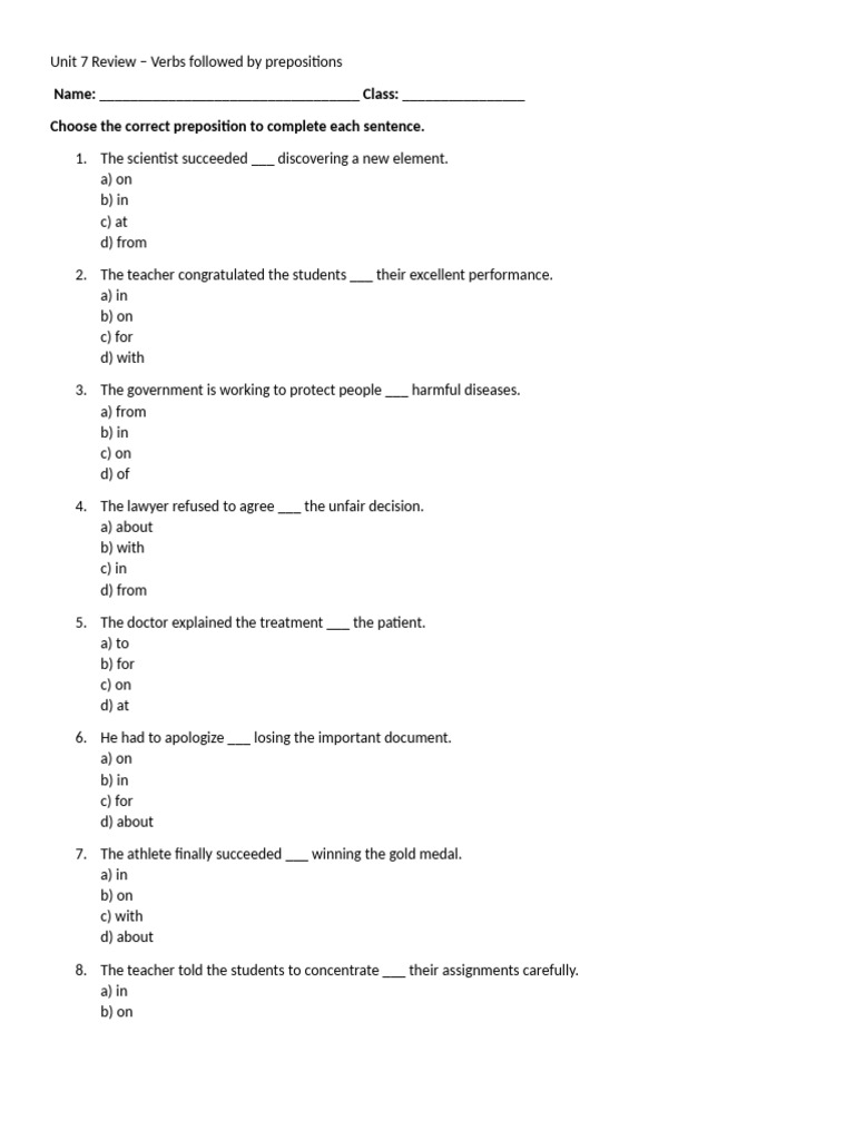 Unit 7 Review - Verbs Followed by Prepositions | PDF