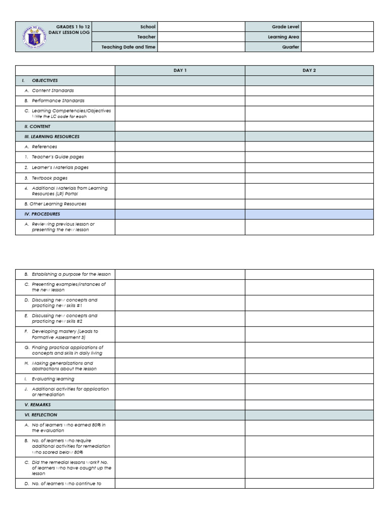 DLL Template (Day 1 and Day 2) | PDF