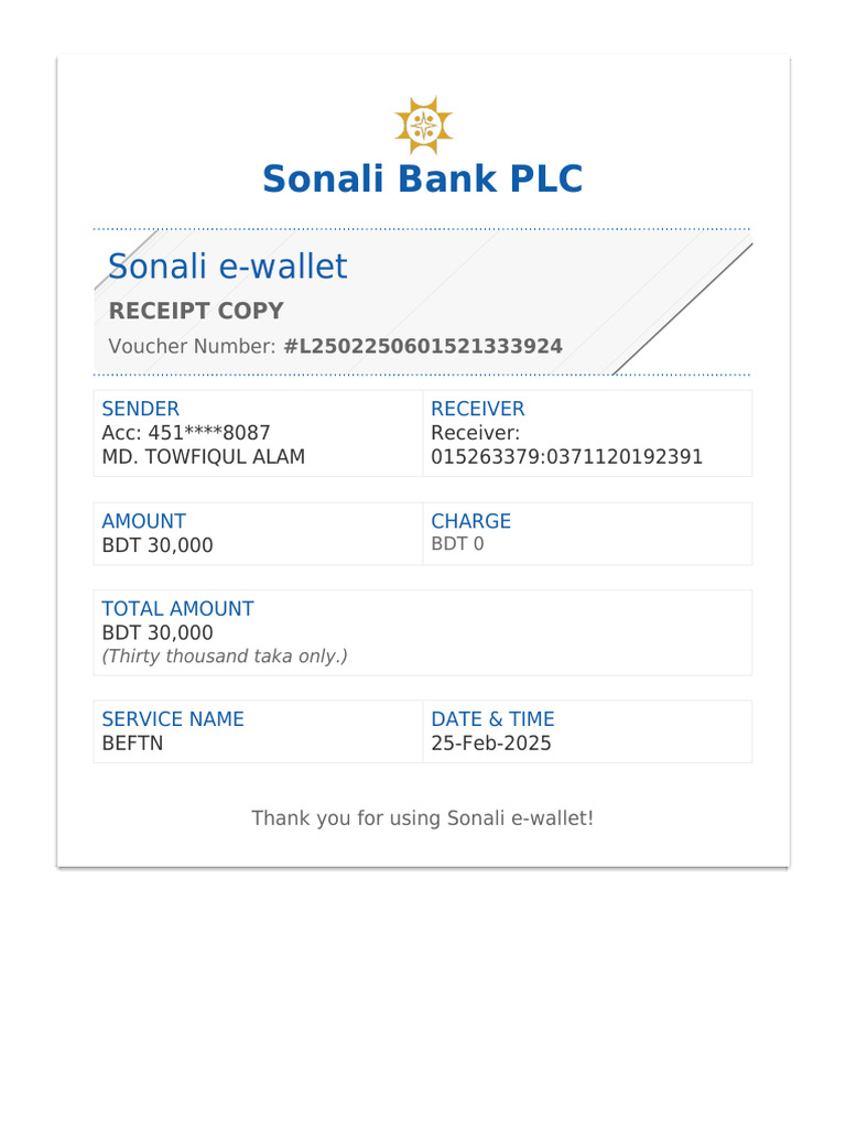 Sonali Bank e-Wallet Receipt - BDT 30,000 | PDF