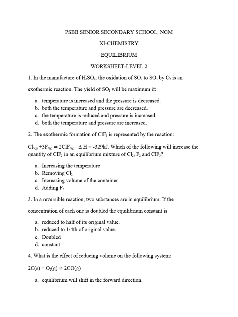 Equilibrium Chemistry Worksheet Level 2 | PDF | Chemical Equilibrium ...