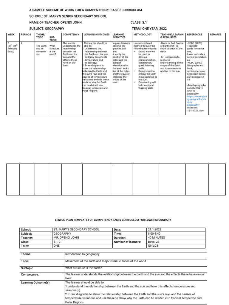 A Sample Scheme of Work and Lesson Plan For A Compentency Filled | PDF