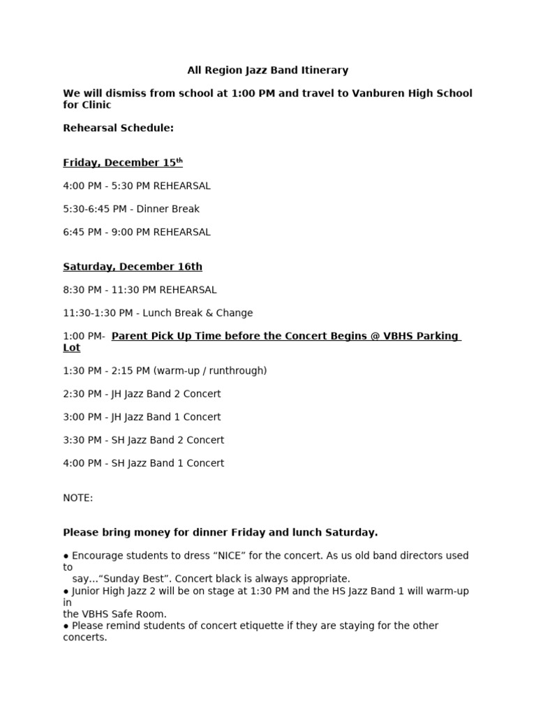 All Region Jazz Band Itinerary | PDF