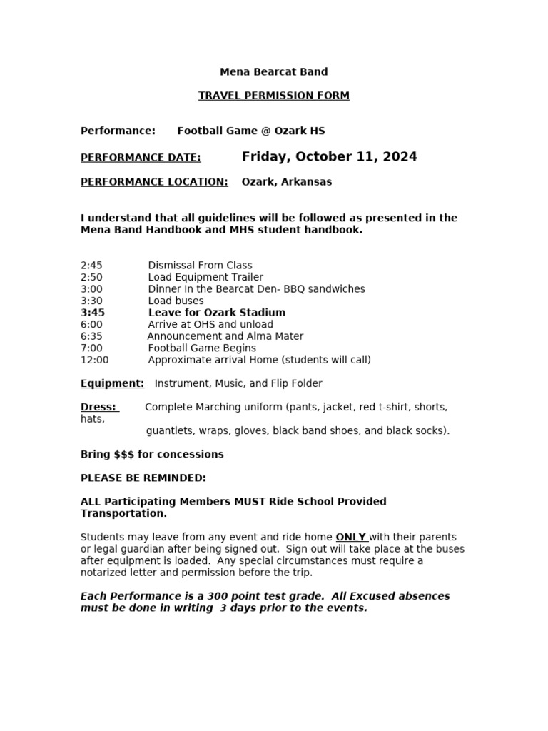 Mena Bearcat Band Travel Permission Form | PDF