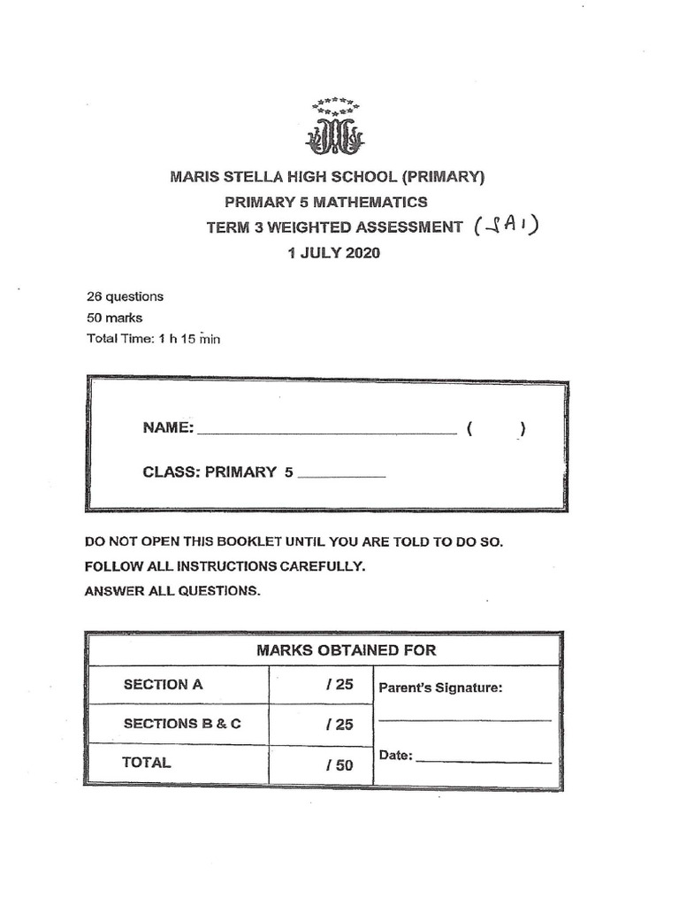 P5 Maths 2020 SA1 Maris Stella Exam Paper | PDF