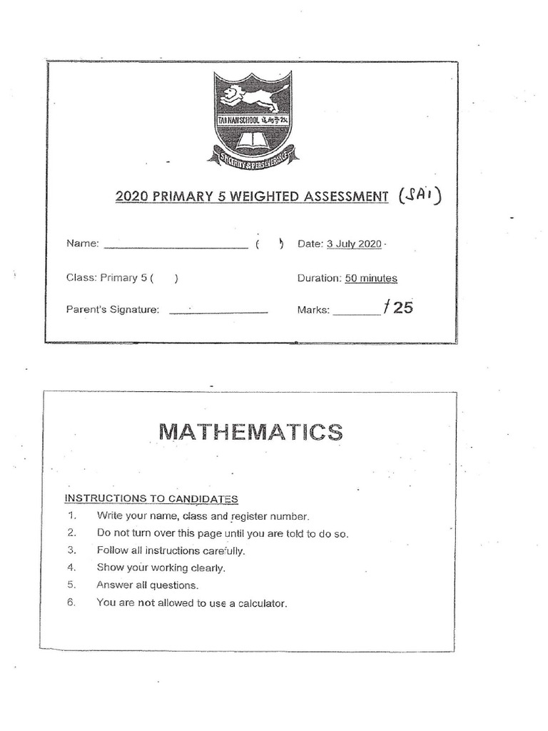 P5 Maths 2020 SA1 Tao Nan Exam Paper | PDF