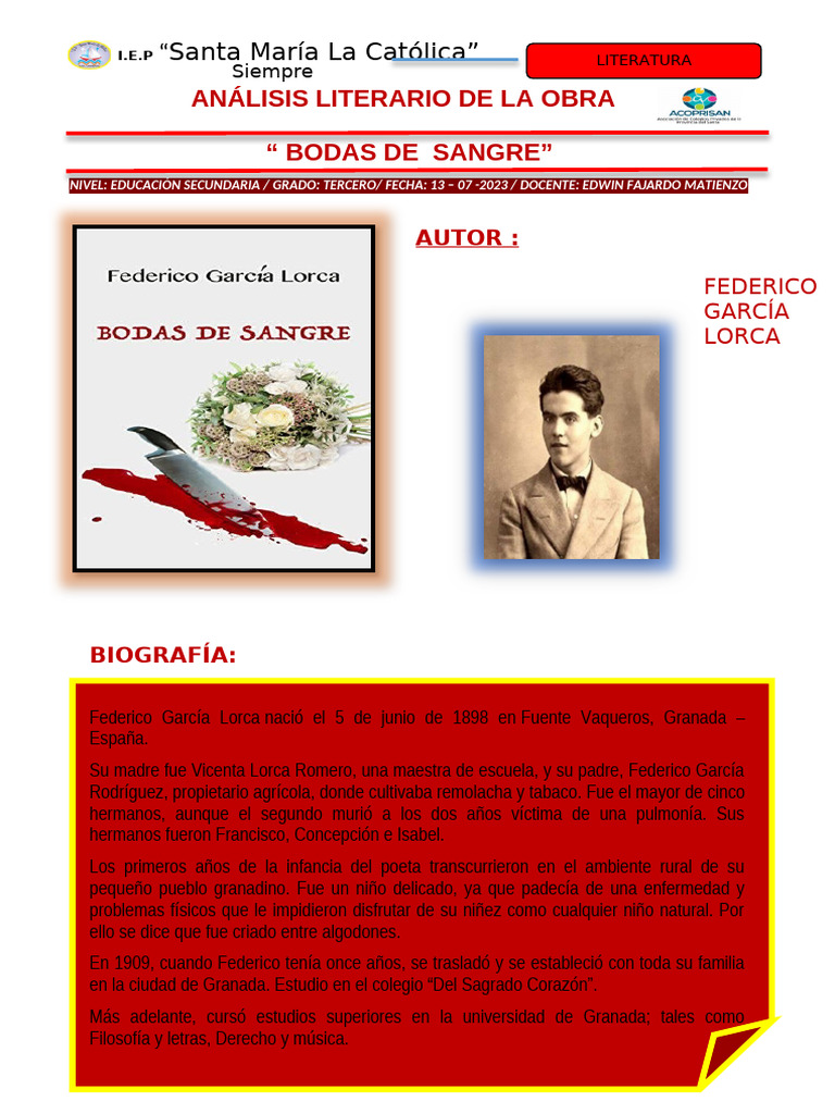 ANÁLISIS DE LA OBRA BODAS DE SANGRE -3° AÑO -SEC-2020 | PDF | Federico ...