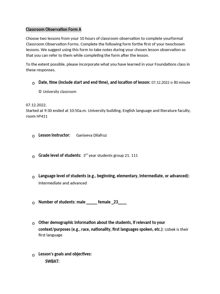 Classroom Observation Form Insights | PDF | Educational Assessment ...