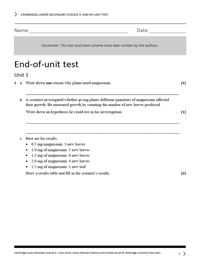 Cambridge Science 9 Unit Test | PDF | Photosynthesis | Magnesium