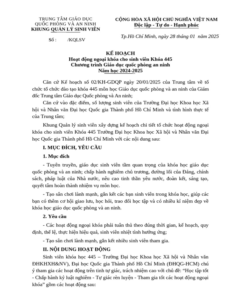 KH HĐNK k445-Qlsv | PDF