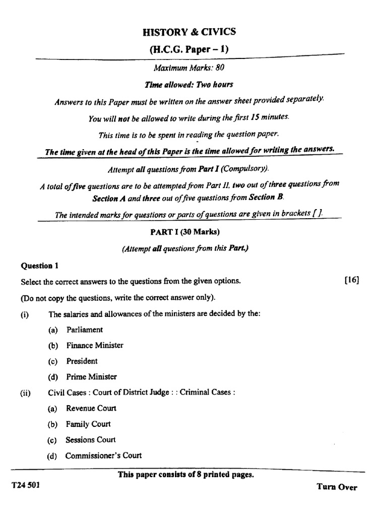 Icse Class 10 History and Civics HCG p1 t24 501 2024 | PDF