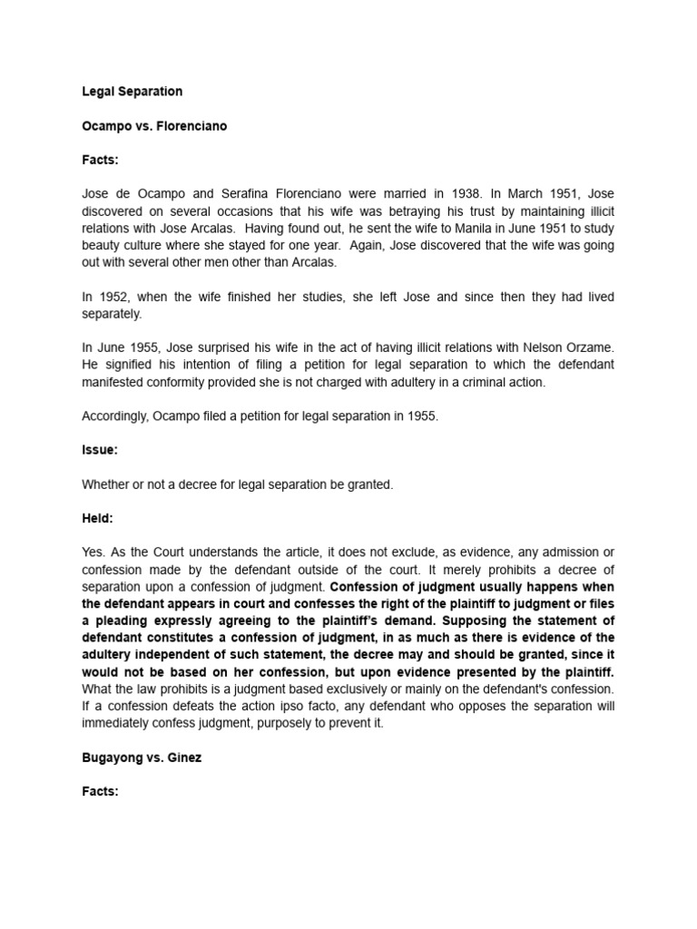 Legal Separation Case Summaries | PDF | Confession (Law) | Marriage