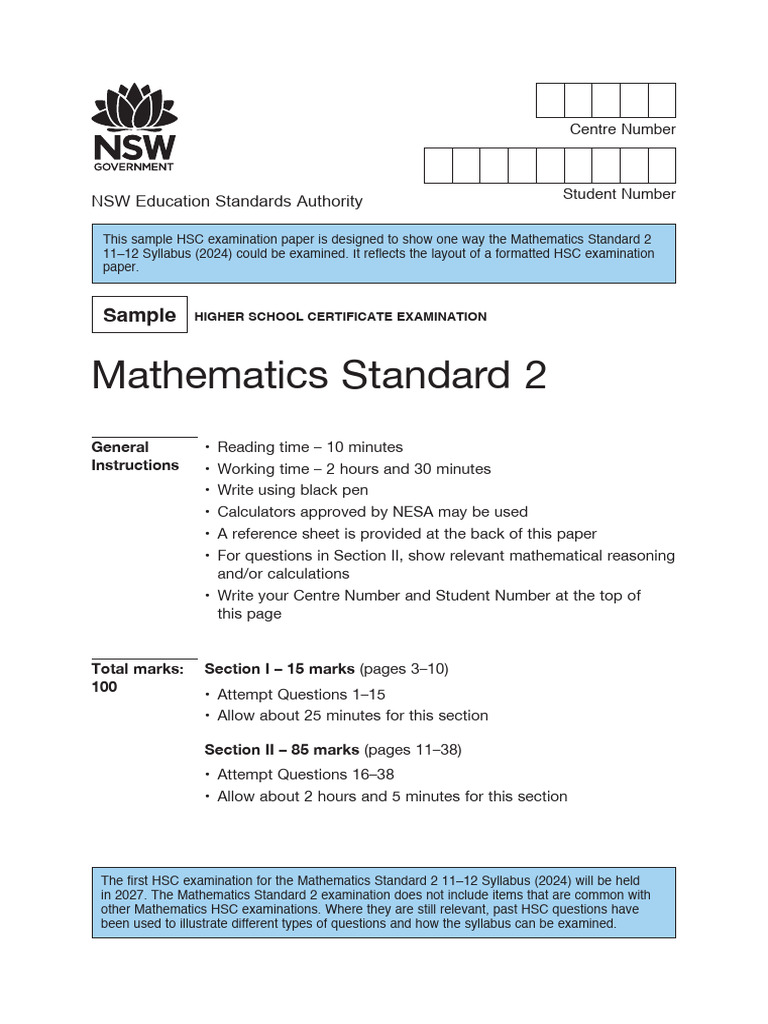 Mathematics Standard 2 11 12 2024 HSC Sample Examination Materials | PDF