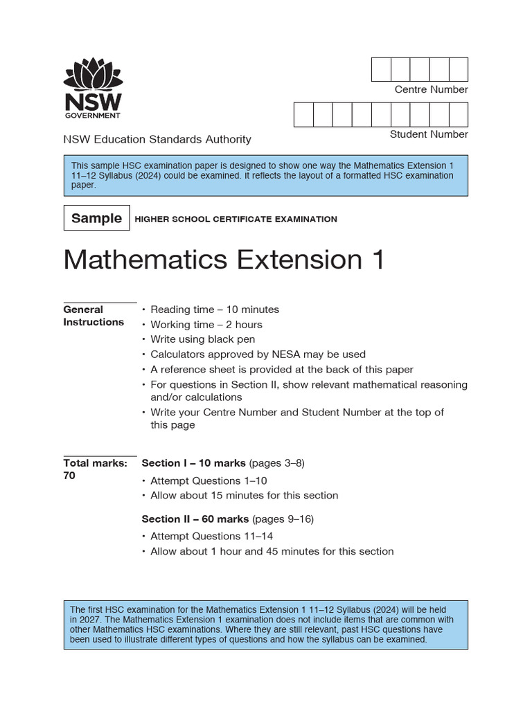 Mathematics Extension 1 11 12 2024 HSC Sample Examination Materials ...