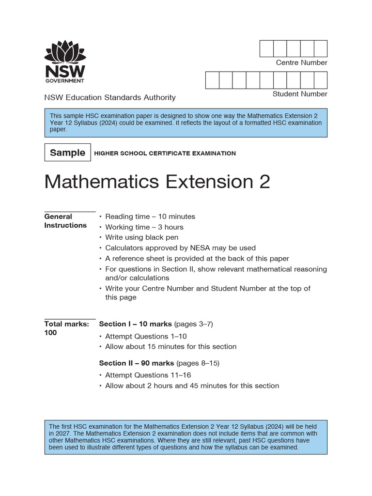 Mathematics Extension 2 11 12 2024 HSC Sample Examination Materials ...
