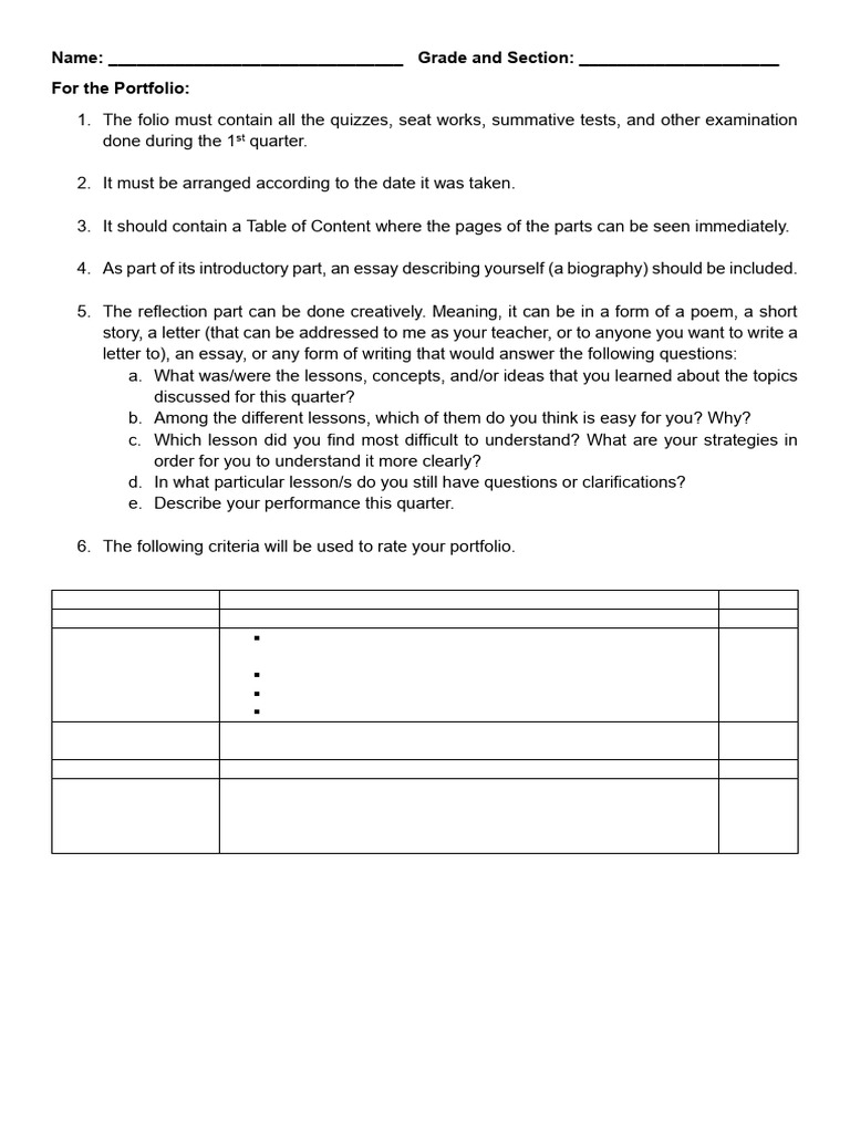 1st Quarter Portfolio Guidelines | PDF