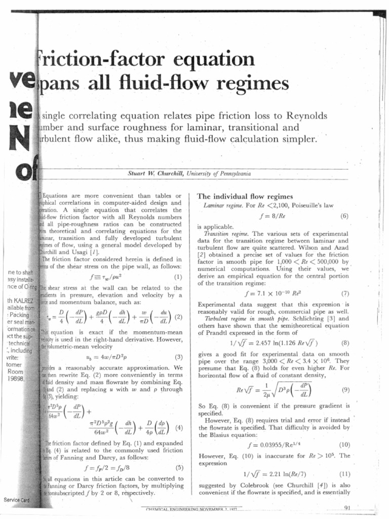 Churchill. Friction-Factor Equation Spans All Fluid-Flow Regimes. 1977 | PDF | Physics ...