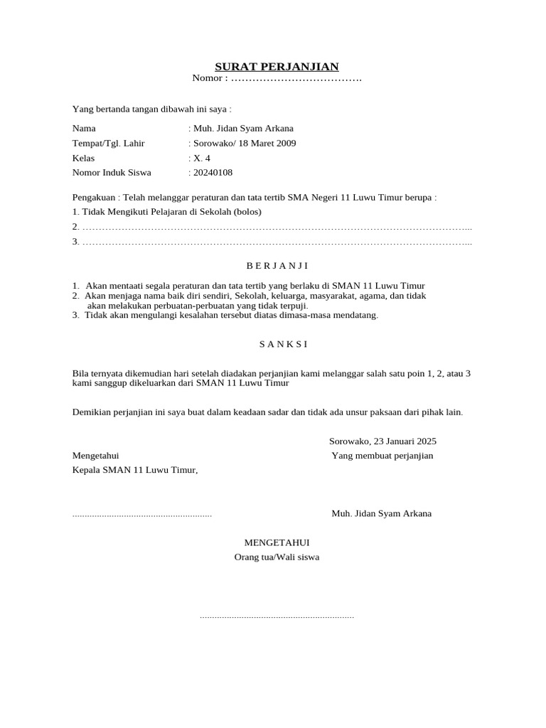 SURAT PERJANJIAN SISWA | PDF