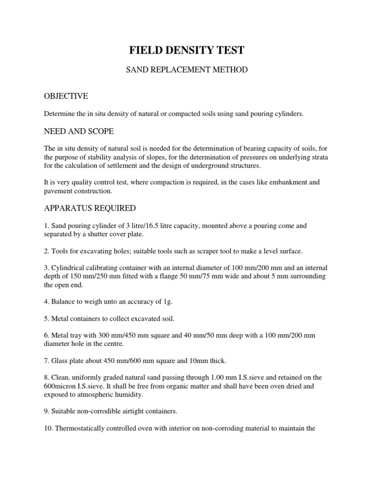 Field Density Test: Sand Replacement Method | PDF | Density | Soil