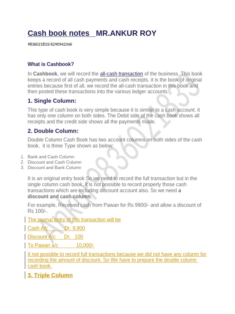 Cash Book Notes ANKUR ROY 9836021833 | PDF | Debits And Credits ...
