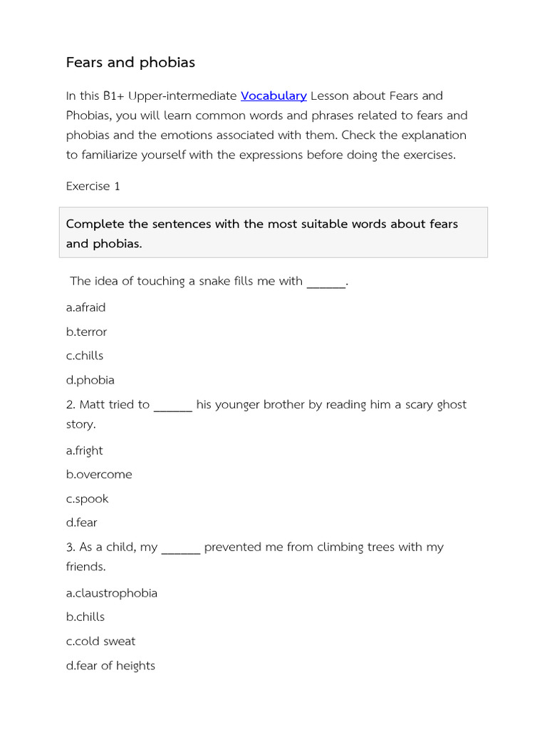 B1+ Fears and Phobias Test | PDF | Fear