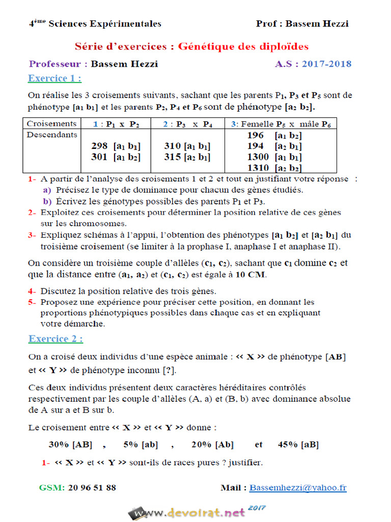 Série D'exercices - SVT - Génétique Des Diploïdes - Bac Sciences Exp (2017-2018) MR Hezzi Bassem ...