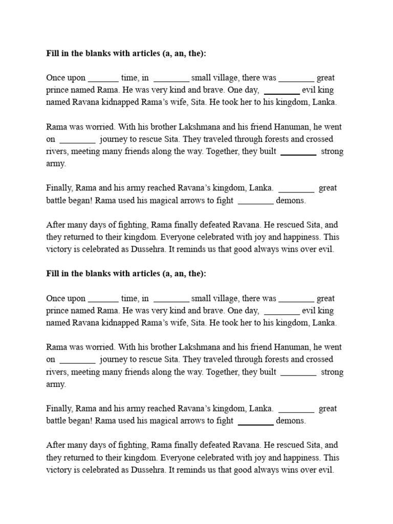 Dussehra - Articles Worksheet | PDF