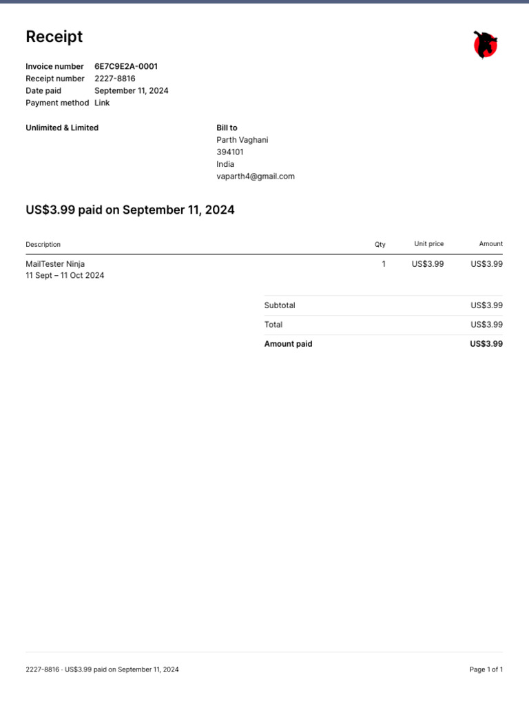 MailTester Ninja Receipt - $3.99 Payment | PDF