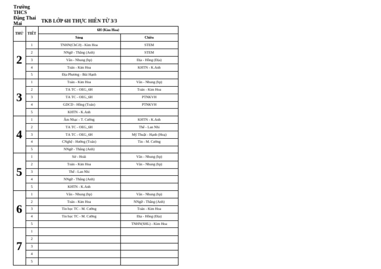 TKB HK2 Ngày 3.3 (1) Lần 2 Lớp 6H | PDF