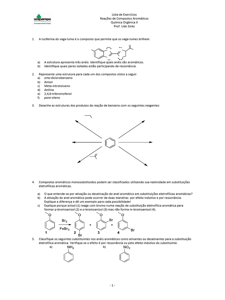 QOII Lista - Reações de Compostos Aromáticos (1) | PDF | Aromaticidade ...