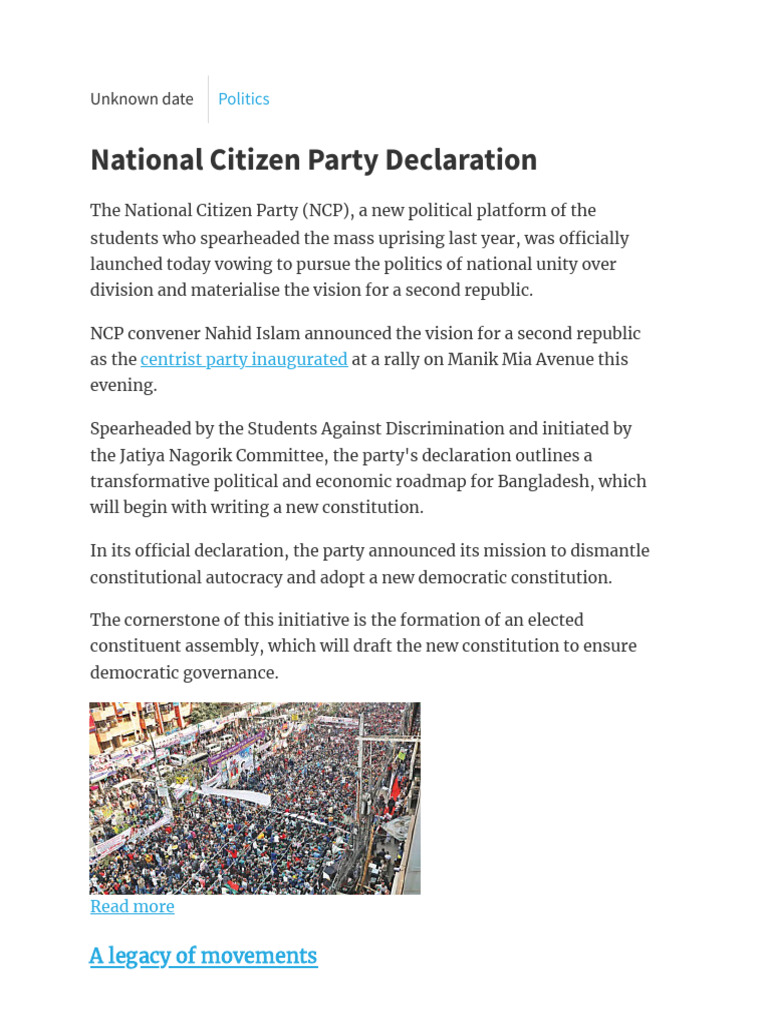 National Citizen Party Declaration - The Daily Star | PDF | Democracy ...