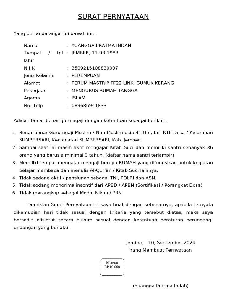 Surat Pernyataan Guru Ngaji Perempuan | PDF