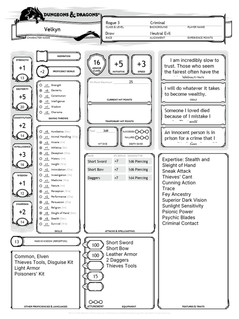 Velkyn: Drow Rogue Character Sheet | PDF | Dungeons & Dragons | Role ...