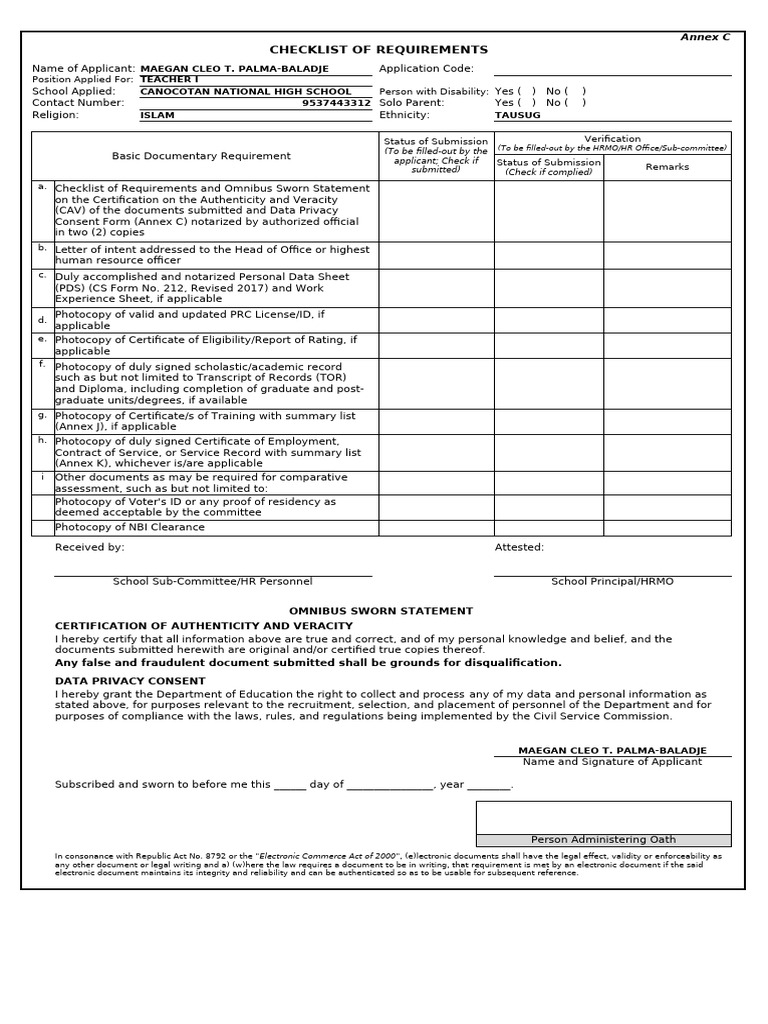 Annex C - Checklist of Requirements and Omnibus Sworn Statement ...