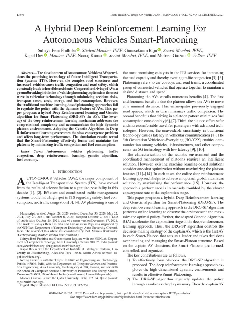 A Hybrid Deep Reinforcement Learning For Autonomous Vehicles Smart-Platooning | PDF ...