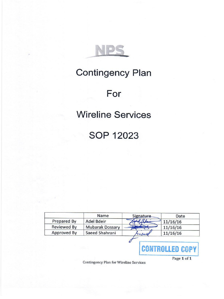 SOP 12023 Rev.1 Contingency Plan Manual NPS WL 01 20 PDF | PDF | Pump | Lubricant