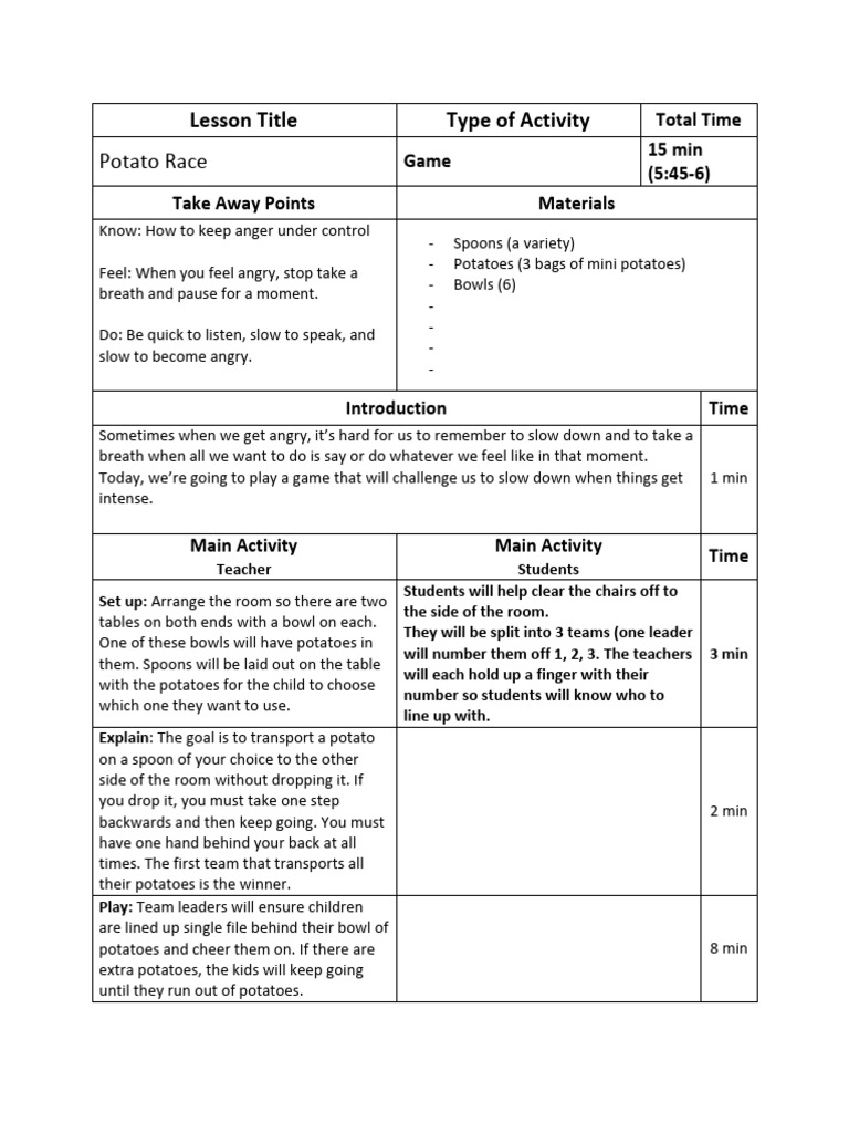 Potato Race Lesson Plan | PDF | Anger