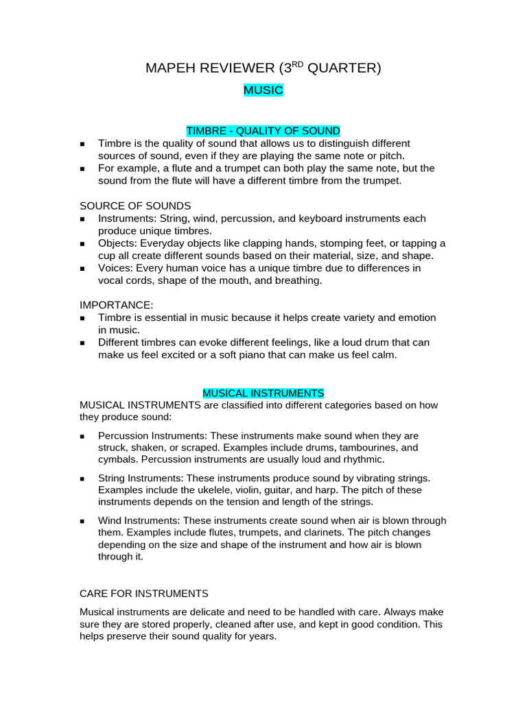 MAPEH-REVIEWER-3RD | PDF | Musical Instruments | Human Voice