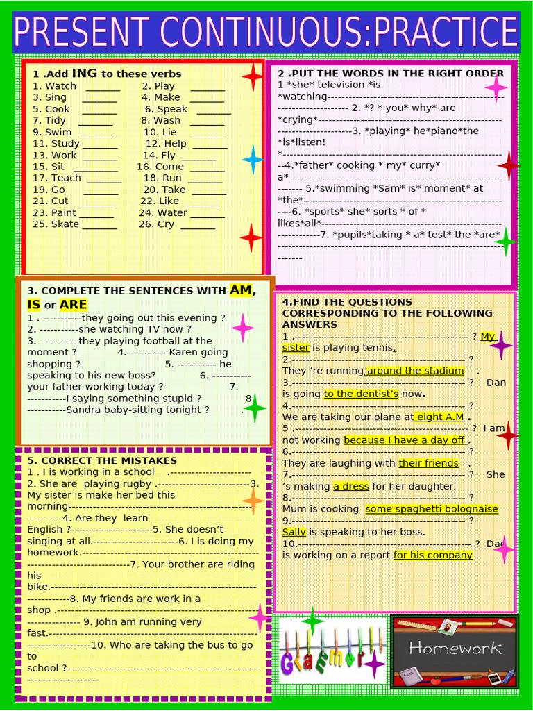 present-continuous-2-page-and-9-exercise-practice-grammar-drills_97884 | PDF | Linguistics