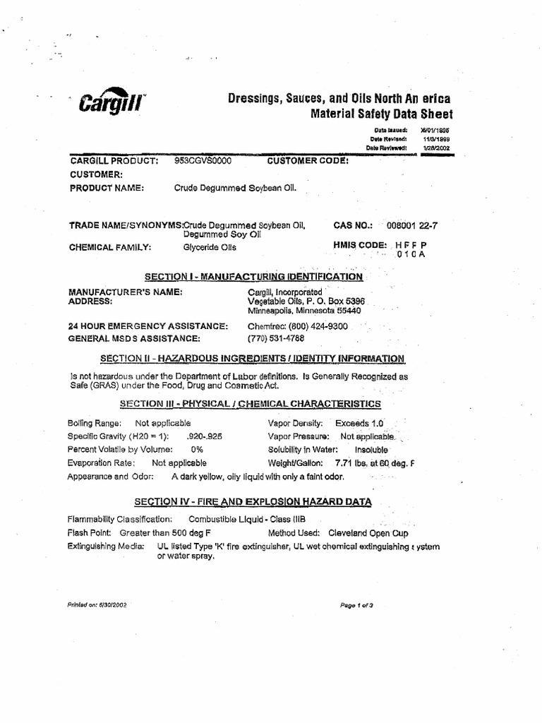 MSDS Crude Soyabean Oil (Voy02) | PDF