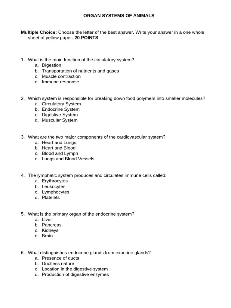 Animal Organ Systems Quiz and Essay | PDF | Human Body | Circulatory System