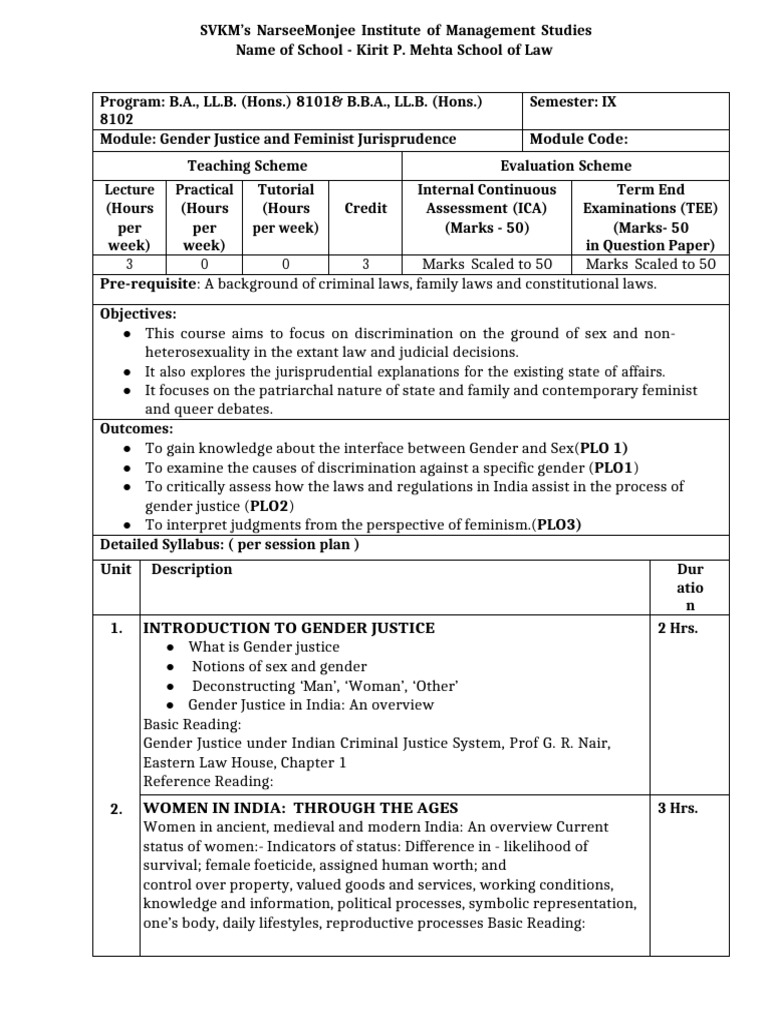 Course Outlines - Sem IX - Gender Justice and Feminist Jurisprudence ...