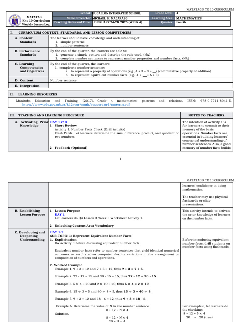 Grade 4 Math Weekly Lesson Plan | PDF | Learning | Curriculum