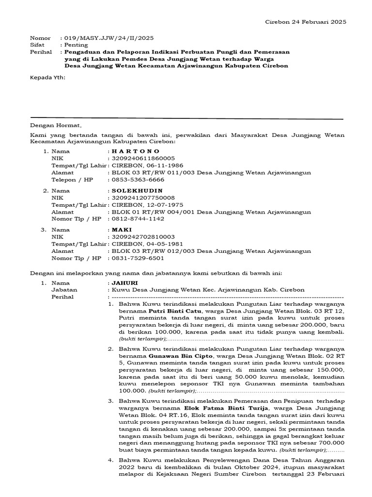 Surat Laporan Pungli | PDF