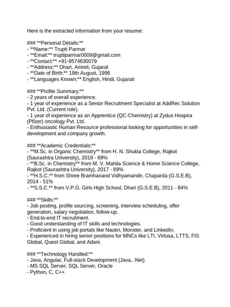 Here Is The Extracted Information From Your Resume | PDF | Recruitment ...