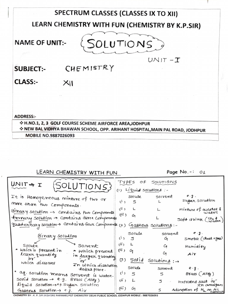 Solutions Notes | PDF | Chemistry | Physical Chemistry
